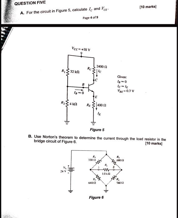 SOLVED: QUESTION FIVE A. For the circuit in Figure 5, calculate Ic and Vcs. Page 4 of 9 [10 ...