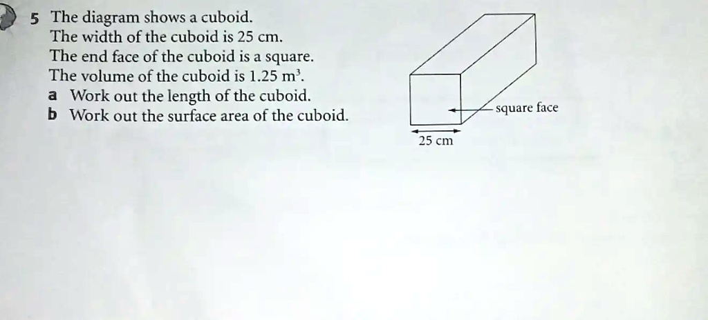 SOLVED: 5 The diagram shows a cuboid. The width of the cuboid is 25 cm The end face of the ...