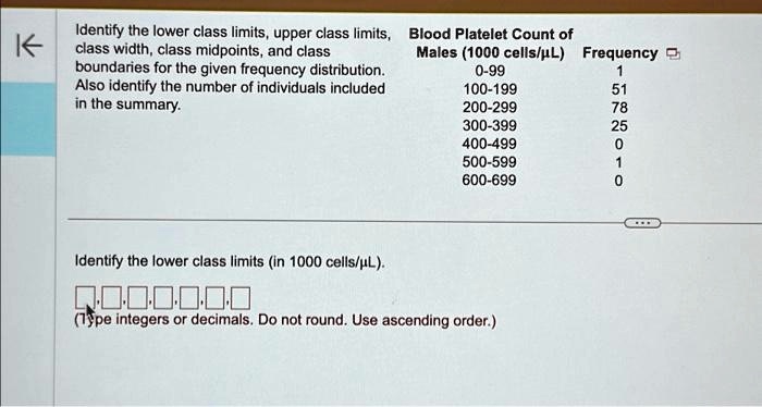 Identify the lower class limits, upper class limits, class width, class ...