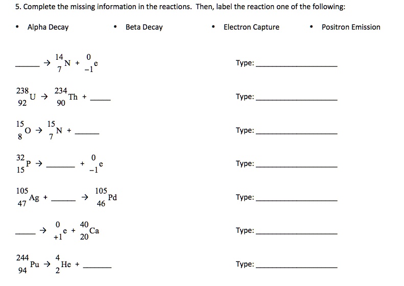 5. Complete the missing information in the reactions. Then, label the reaction one of the ...