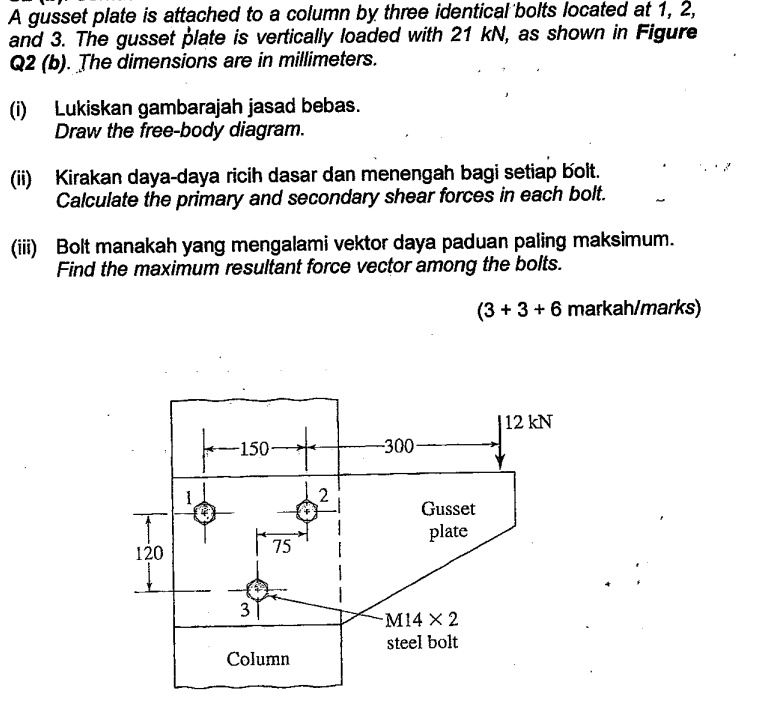 SOLVED: A gusset plate is attached to a column by three identical bolts ...