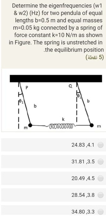 SOLVED: Determine the eigenfrequencies (w1 w2) (Hz) for two pendula of equal lengths b=0.5 m and ...