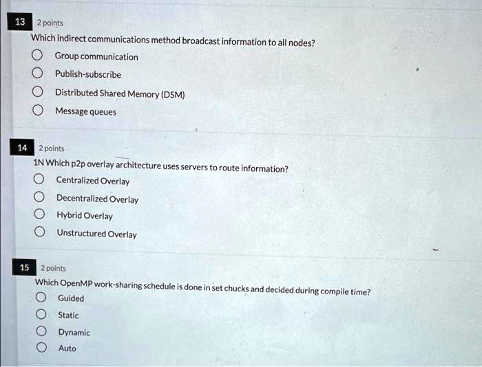 SOLVED: 2 points: Which indirect communication method broadcasts information to all nodes? Group ...