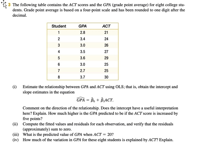the following table contains the act scores and the gpa grade point ...