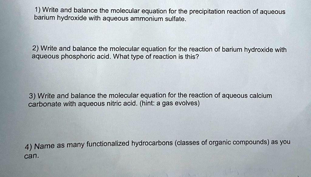 SOLVED: 1) Write and balance the molecular equation for the precipitation reaction of aqueous ...