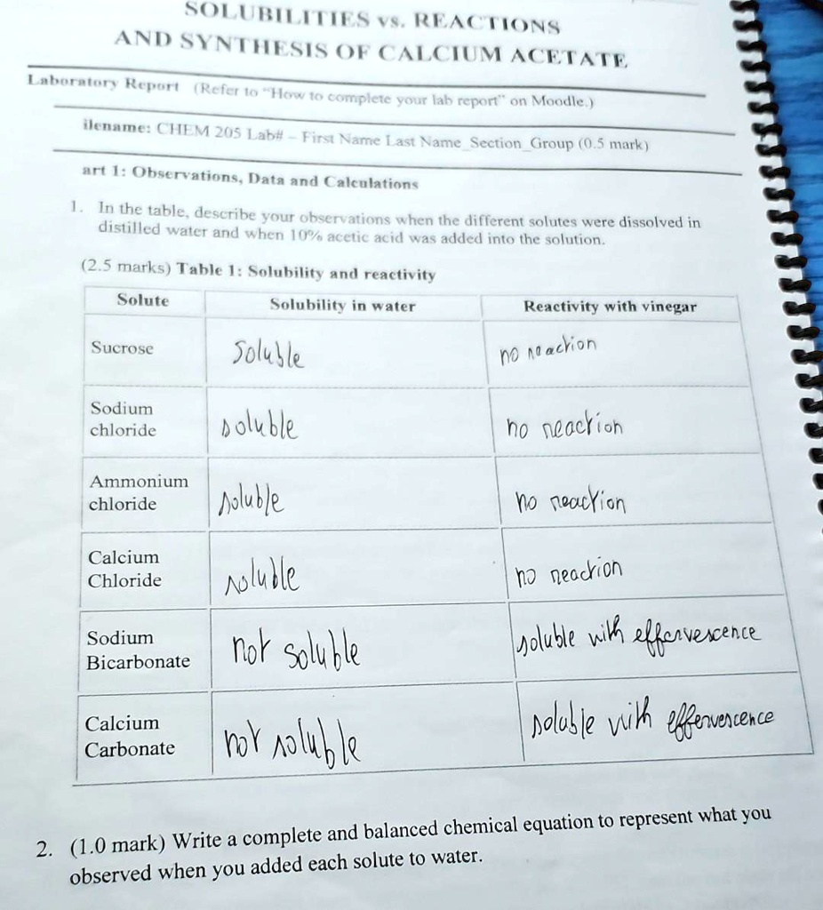 SOLVED: Part 1: Observations, Data, and Calculations 2.5 marks Table 1 ...