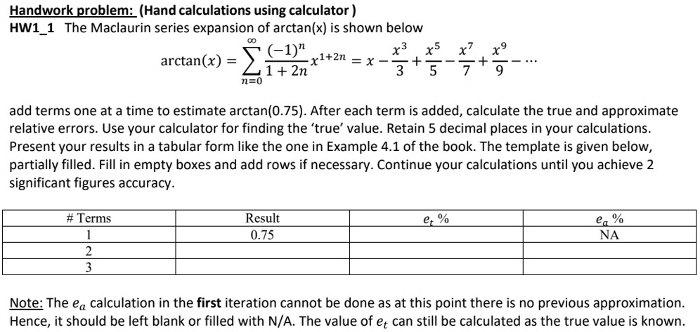 Handwork Problem Hand Calculations Using Calculator Hw11 The Maclaurin Series Expansion Of