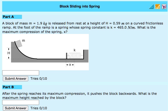 SOLVED: Text: Block Sliding into Spring Part A A block of mass m = 1.9 kg is released from rest ...