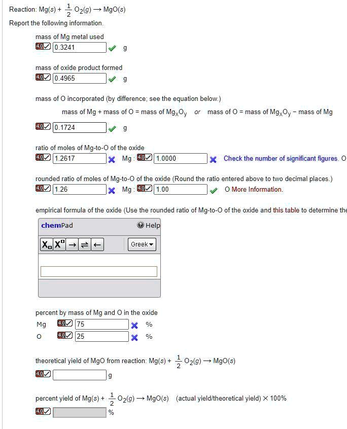 SOLVED: Reaction: Mgks) 2 0z(9) MgO(s) Report the following information ...