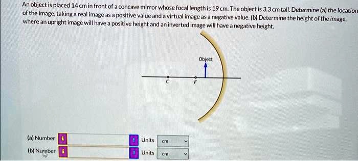 SOLVED: An object is placed 14cm in front of a concave mirror whose focal length is 19cm.The ...