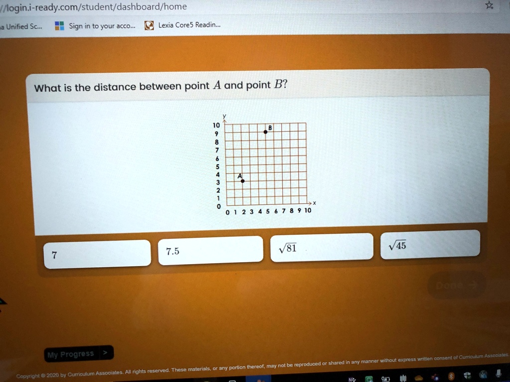 SOLVED: What is the distance between point A and point B? Help ASAP. INlogin i-ready.com/student ...