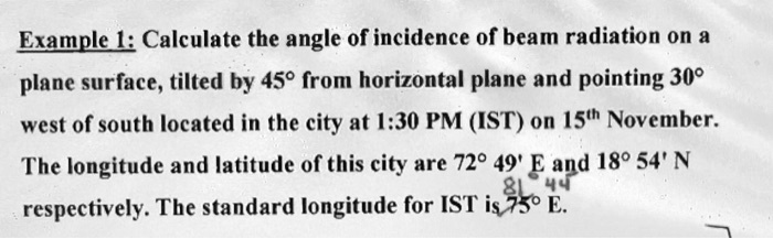 example lcalculate the angle of incidence of beam radiation on a plane ...