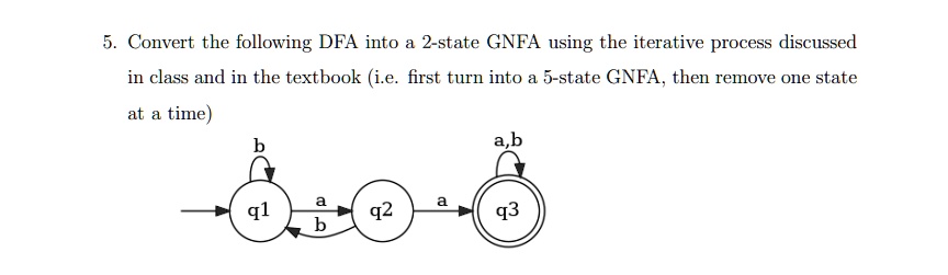 5. Convert the following DFA into a 2-state GNFA using the iterative process discussed in class ...