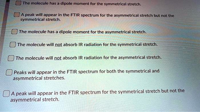 SOLVED:The molecule has dipole moment for the symmetrical stretch_ A ...