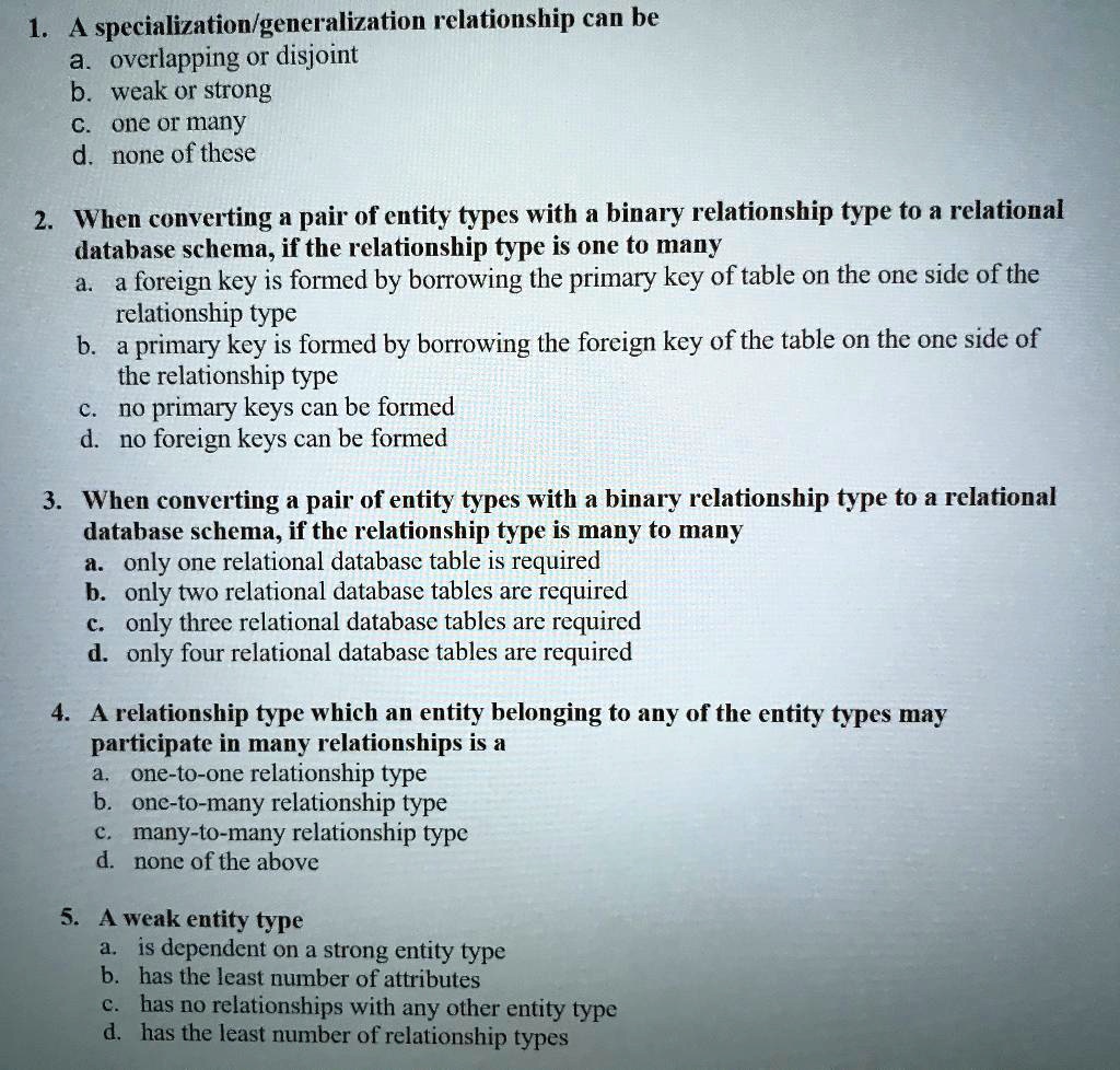 SOLVED: 1. A specialization/generalization relationship can be a ...