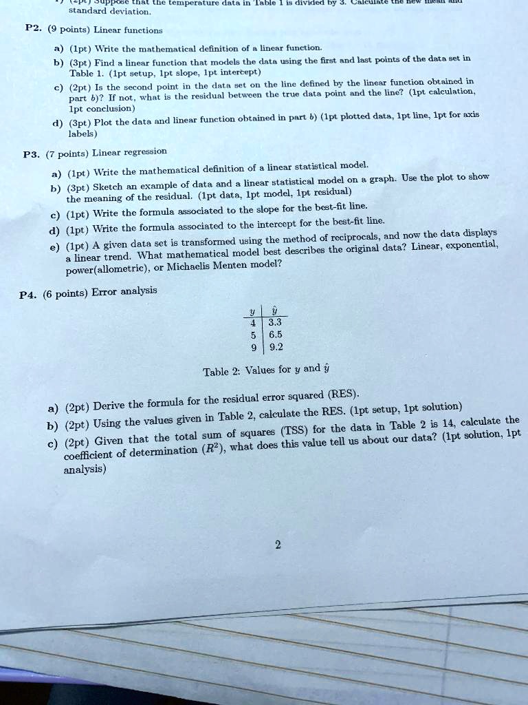 SOLVED: toc (emperature datuin Tahie standlard deviation_ dyidcd P2_ (9 points) Lincar functions ...