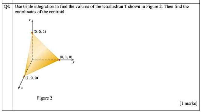 Q2 Use triple integration to find the volume of the tetrahedron T shown ...