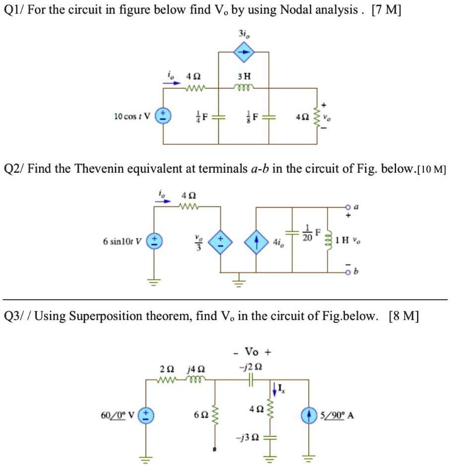 Q1/ For the circuit in figure below find Vo by using Nodal analysis. [7 M] 3io io 4? 3 H 10 cos ...