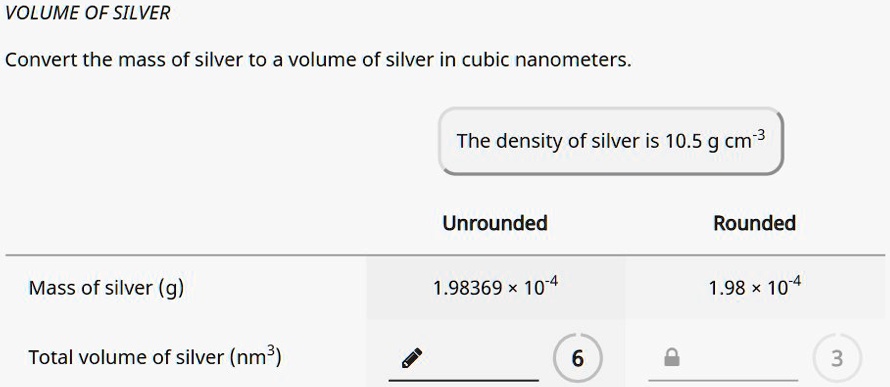 VOLUME OF SILVER Convert the mass of silver to a volume of silver in ...