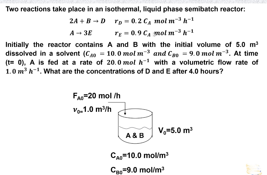 Two reactions take place in an isothermal, liquid phase semibatch reactor: 2A + B -> D rp = 0.2 ...