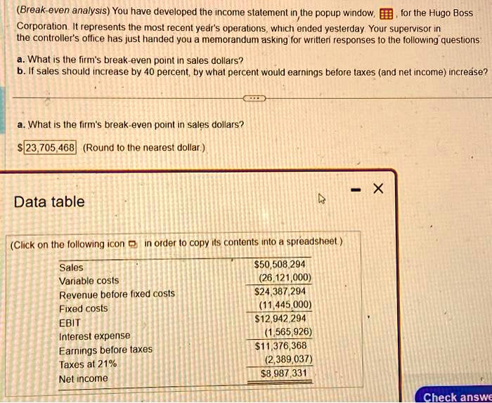 SOLVED: Texts: Break-even analysis) You have developed the income statement in the popup window ...