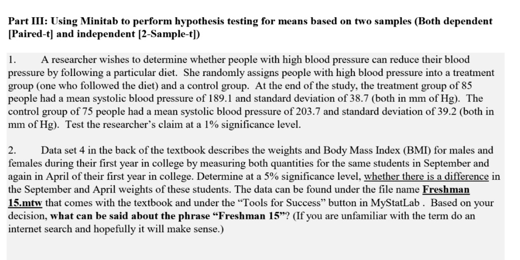part mii using minitab to perform hypothesis testing for means based on ...