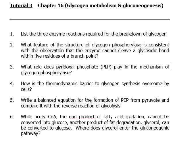 Tutorial 3 Chapter 16 (Glycogen metabolism gluconeogenesis) 1. List the ...