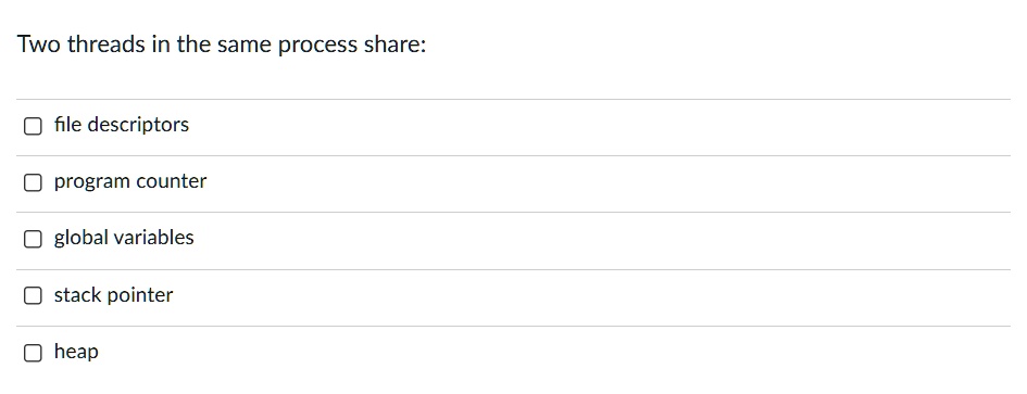 Solved Two Threads In The Same Process Share File Descriptors Program Counter Global Variables 7351