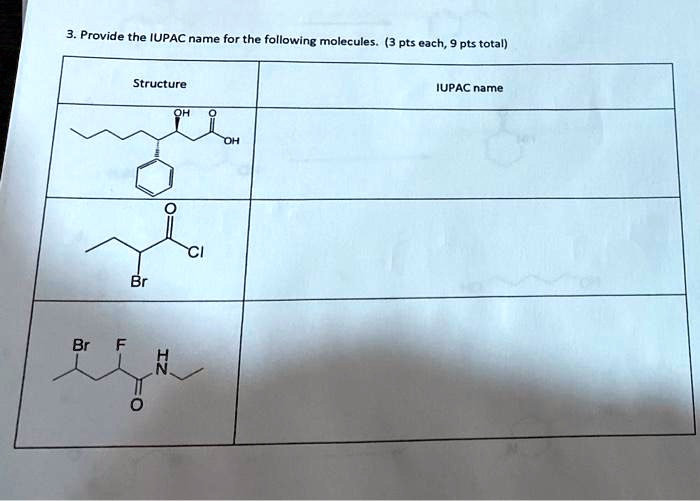 SOLVED: Provide the IUPAC name for the following molecules (3 pts each; pts total) Structure ...