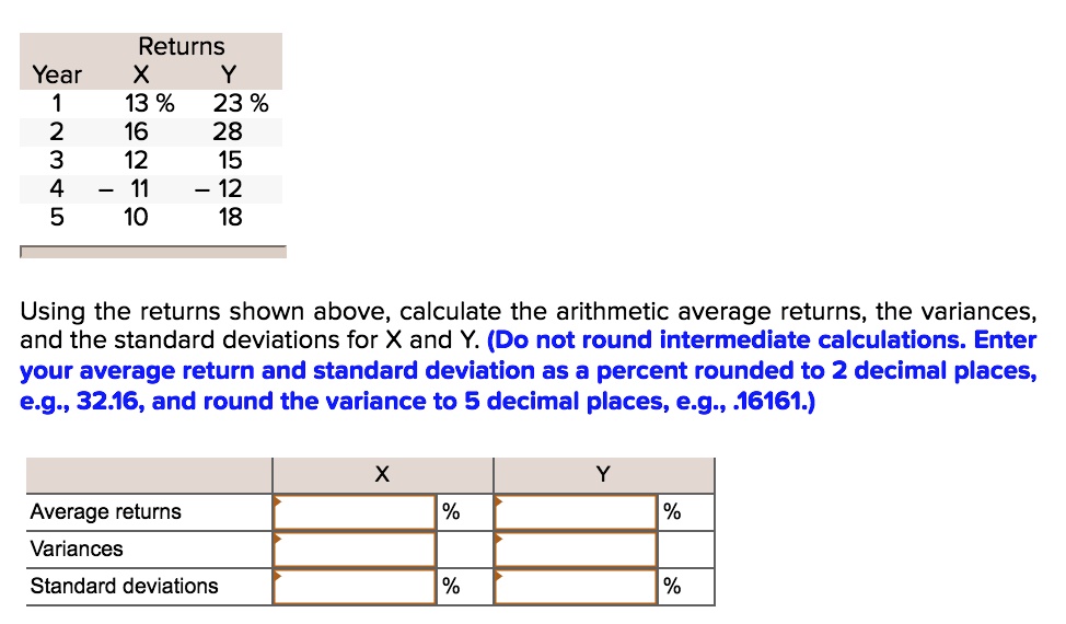 SOLVED: Returns x Y 13 % 23 % 16 28 12 15 11 12 10 18 Year 1 2 3 4 5 Using the returns shown ...