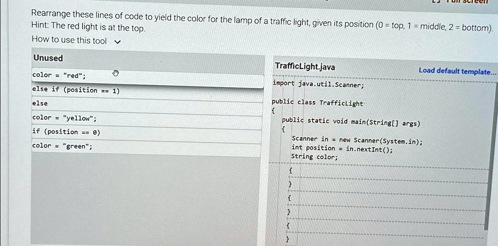 SOLVED: Rearrange these lines of code to yield the color for the lamp ...