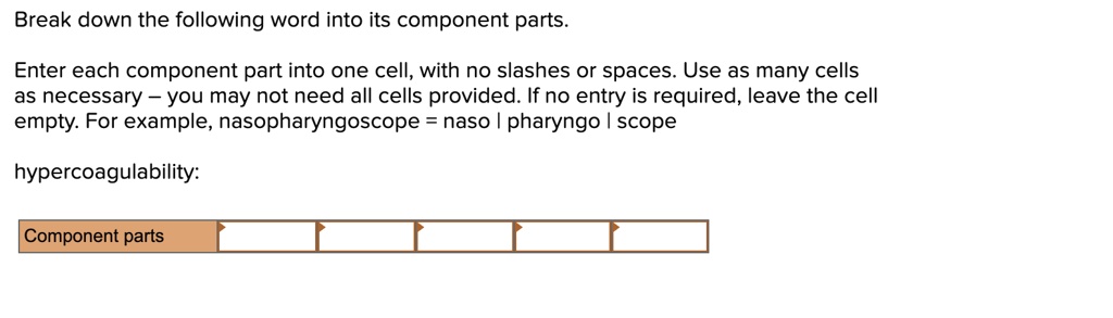 SOLVED: Break down the following word into its component parts. Enter each component part into ...