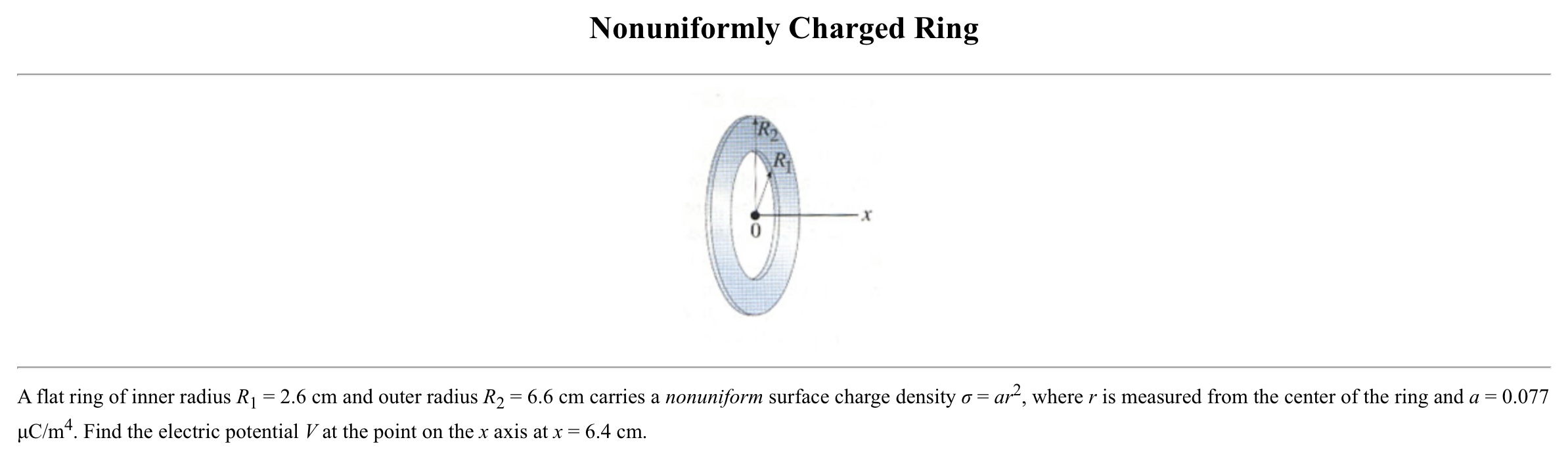 SOLVED: Nonuniformly Charged Ring A flat ring of inner radius R1=2.6 cm ...