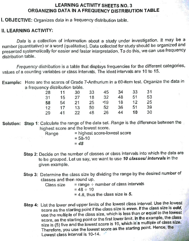 SOLVED LEARNING ACTIVITY SHEETS NO 3 ORGANIZING DATA IN A FREQUENCY DISTRIBUTION TABLE 