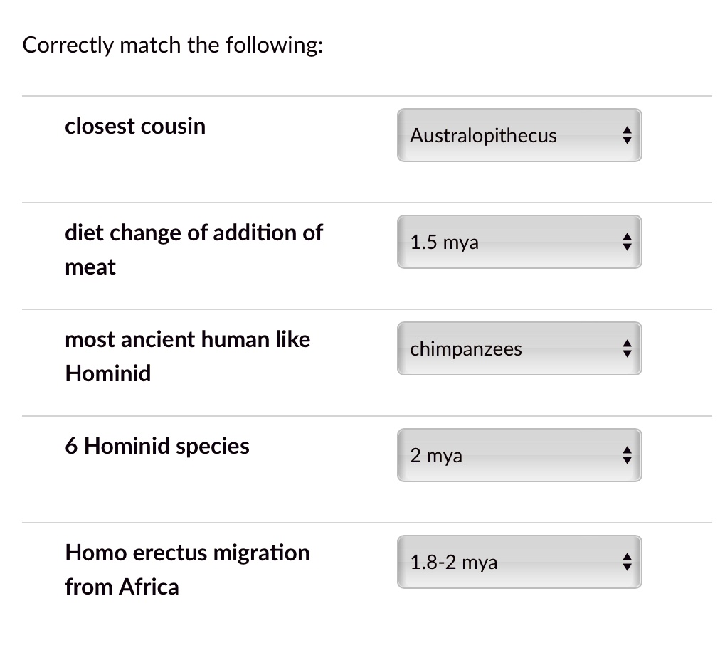 Correctly match the following: closest cousin diet change of addition ...
