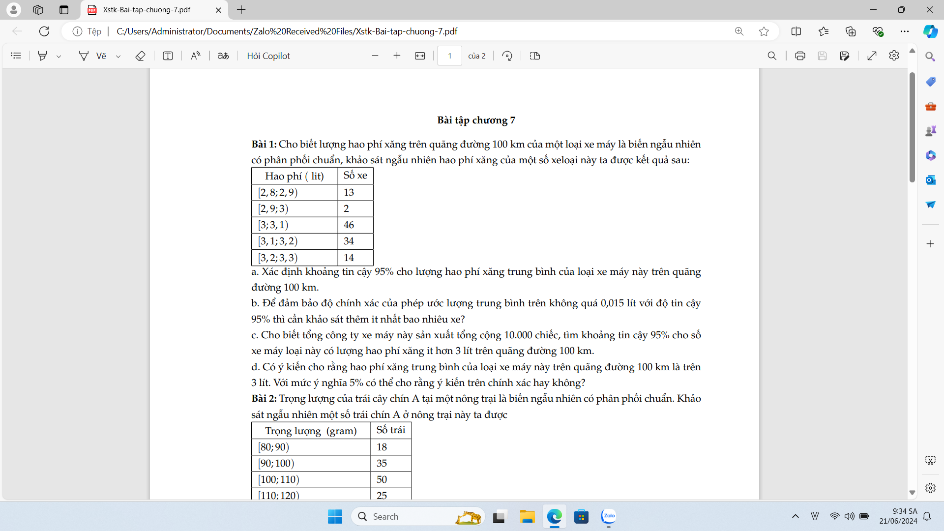 Bài t?p ch??ng 7 Bài 1: Cho bi?t l??ng hao phí x?ng trên quãng ???ng 100 km c?a m?t lo?i xe máy ...