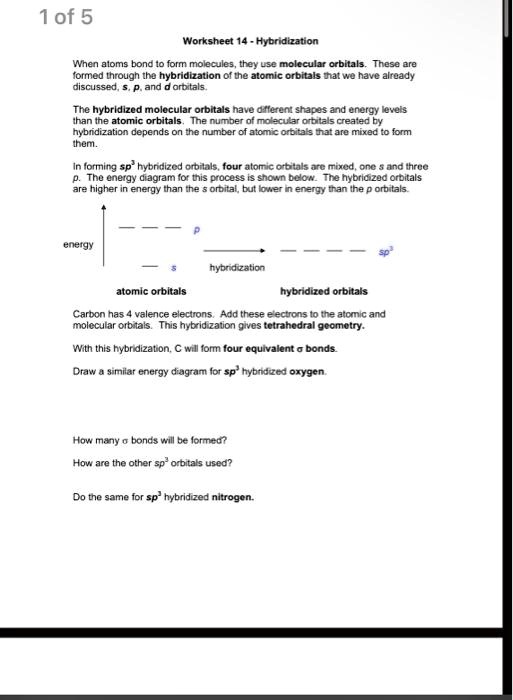 [GET ANSWER] 1 of 5 Worksheet 14 - Hybridization When atoms bond to ...