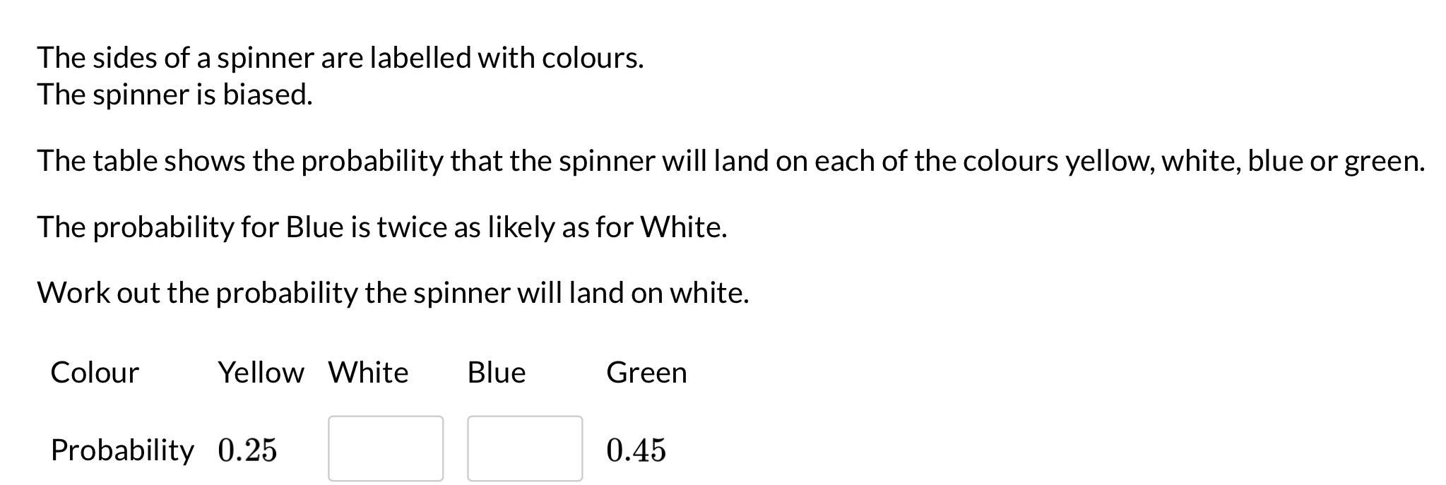 SOLVED: The sides of a spinner are labelled with colours. The spinner ...