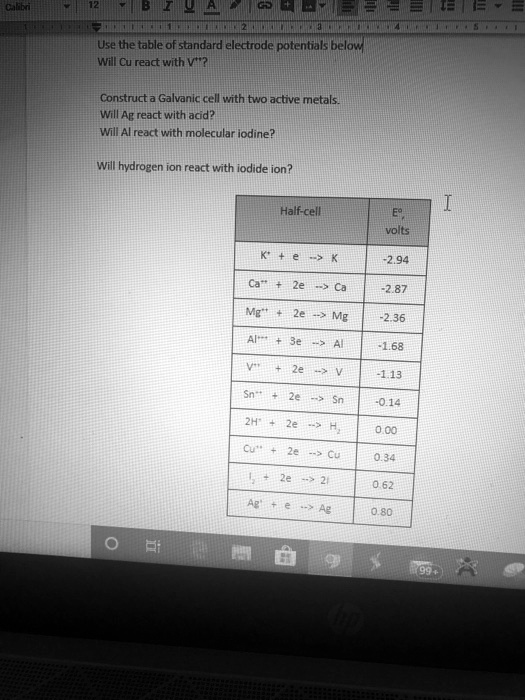 Solved Use The Table Of Standard Electrode Potentials Below Will Cu