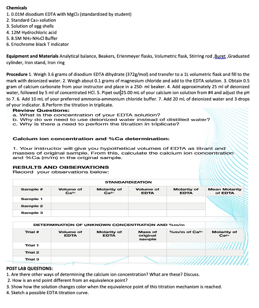 SOLVED: Chemicals: 1. 0.01M disodium EDTA with MgCl2 (standardized by ...
