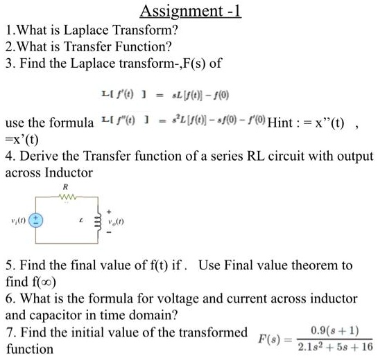 Assignment -1 1. What is Laplace Transform? 2. What is Transfer Function? 3. Find the Laplace ...