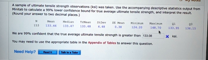 SOLVED:sample of ultimate tensile strength observations (ksi) was taken ...