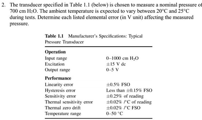 SOLVED: The transducer specified in Table 1 (below) is chosen to measure nominal pressure 700 cm ...