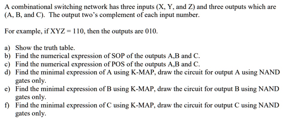 SOLVED: A combinational switching network has three inputs (X, Y, and Z) and three outputs which ...