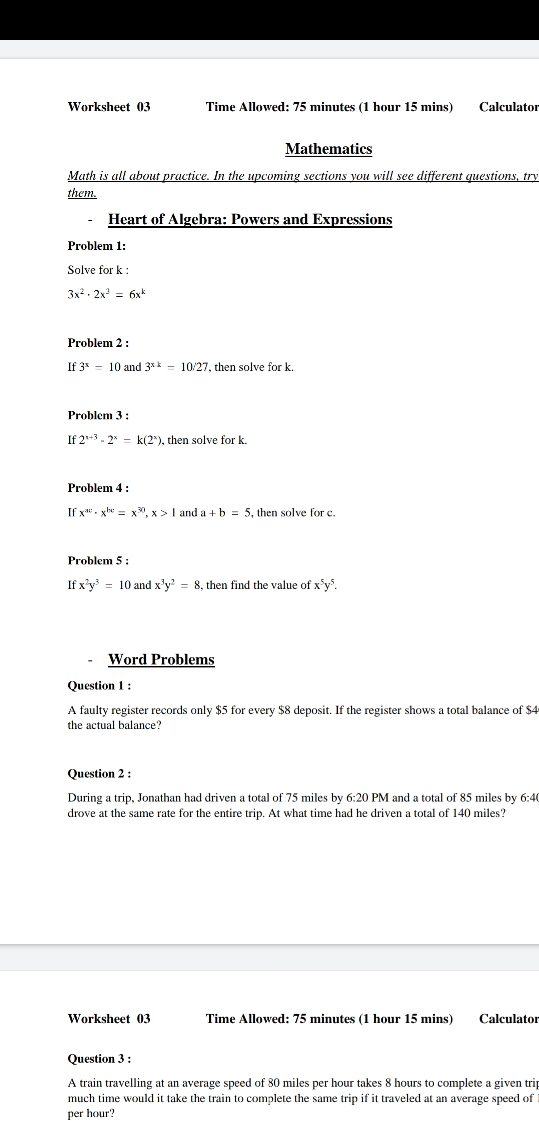 SOLVED: Problem 1: Solve for k : 3 x^2· 2 x^3=6 x^k Problem 2 : If 3^x ...