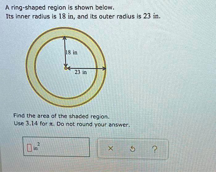 A ring-shaped region is shown below. Its inner radius is 18...