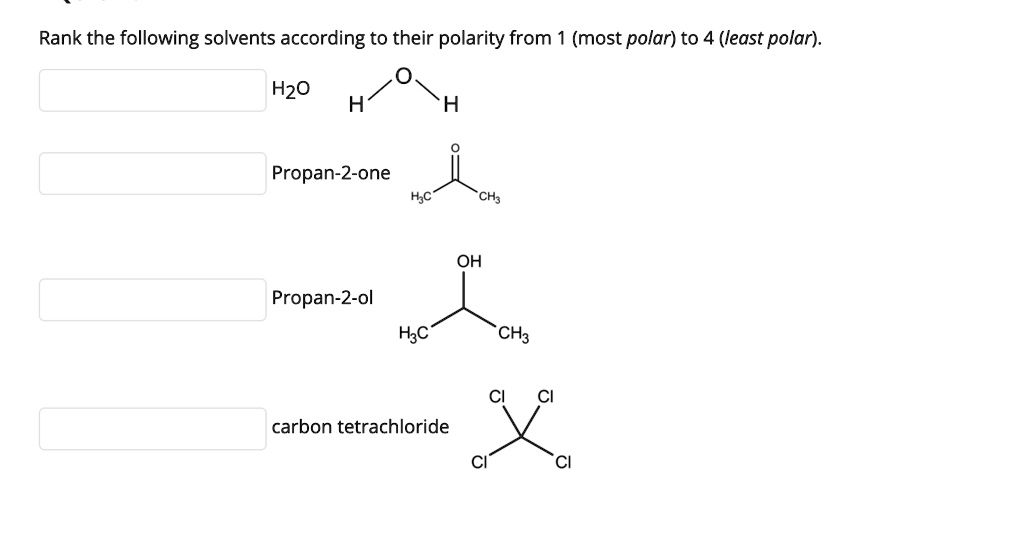 SOLVED: Rank the following solvents according to their polarity from ...