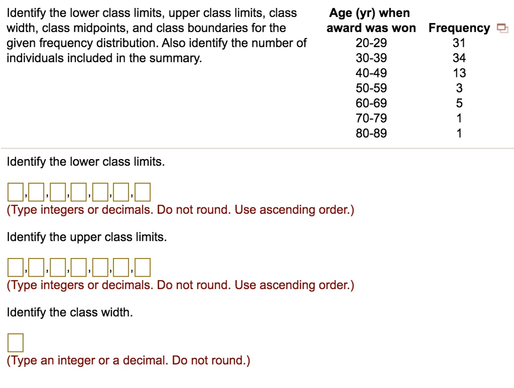 Solved Identify The Lower Class Limits Upper Class Limits Class Age Yr When Width Class