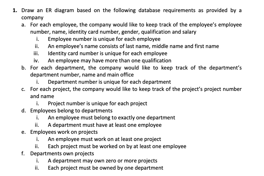 1. Draw an ER diagram based on the following database reguirements as ...