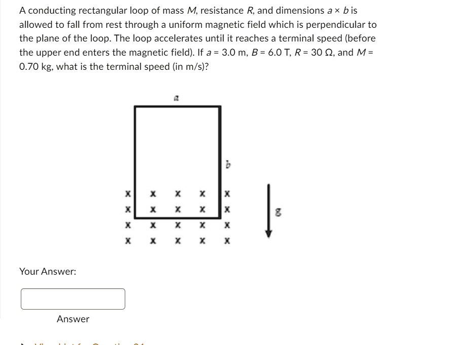 SOLVED: A conducting rectangular loop of mass M.resistance R. and dimensions a x b is allowed to ...